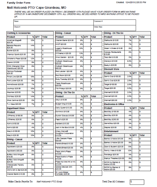 Nell Holcomb R-IV School District - Family Order Form 2019